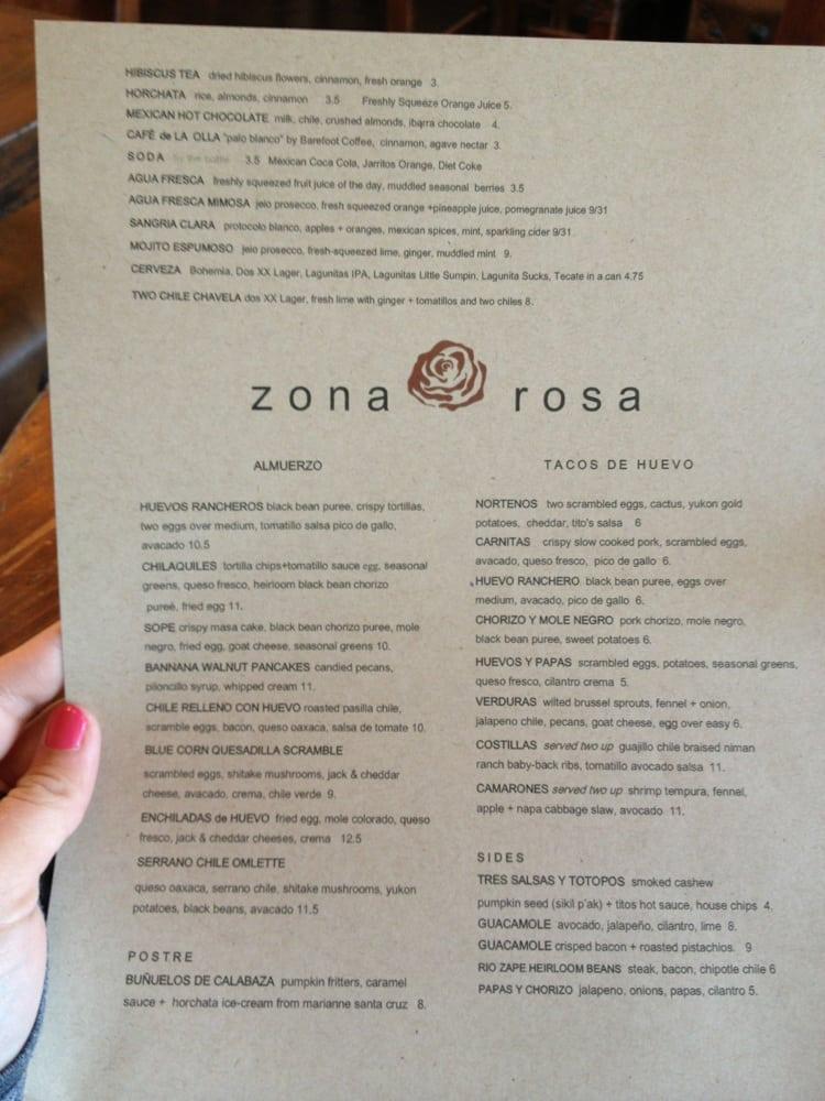 Menu at Zona Rosa restaurant, San Jose