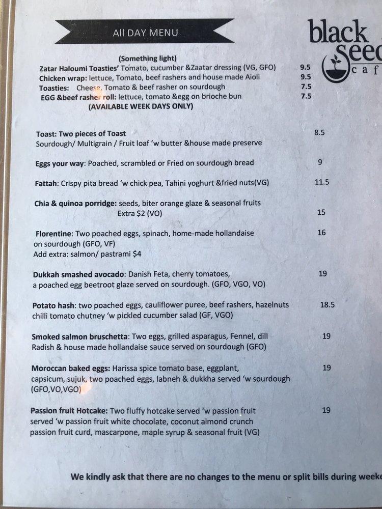 Menu at Black Seed Cafe, Werribee