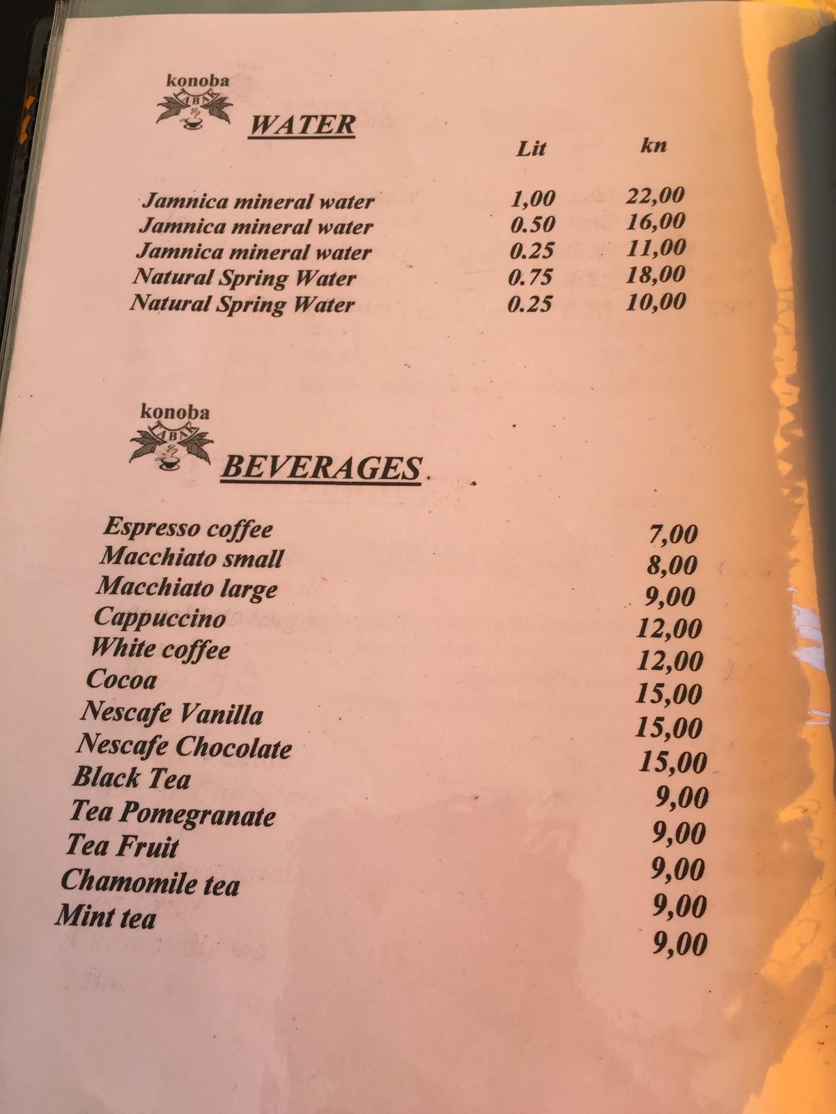 Menu at Konoba Tabak restaurant, Dubrovnik