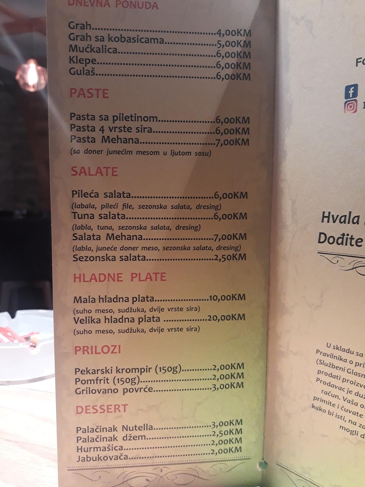 Menu at Mehana Food restaurant, Sarajevo