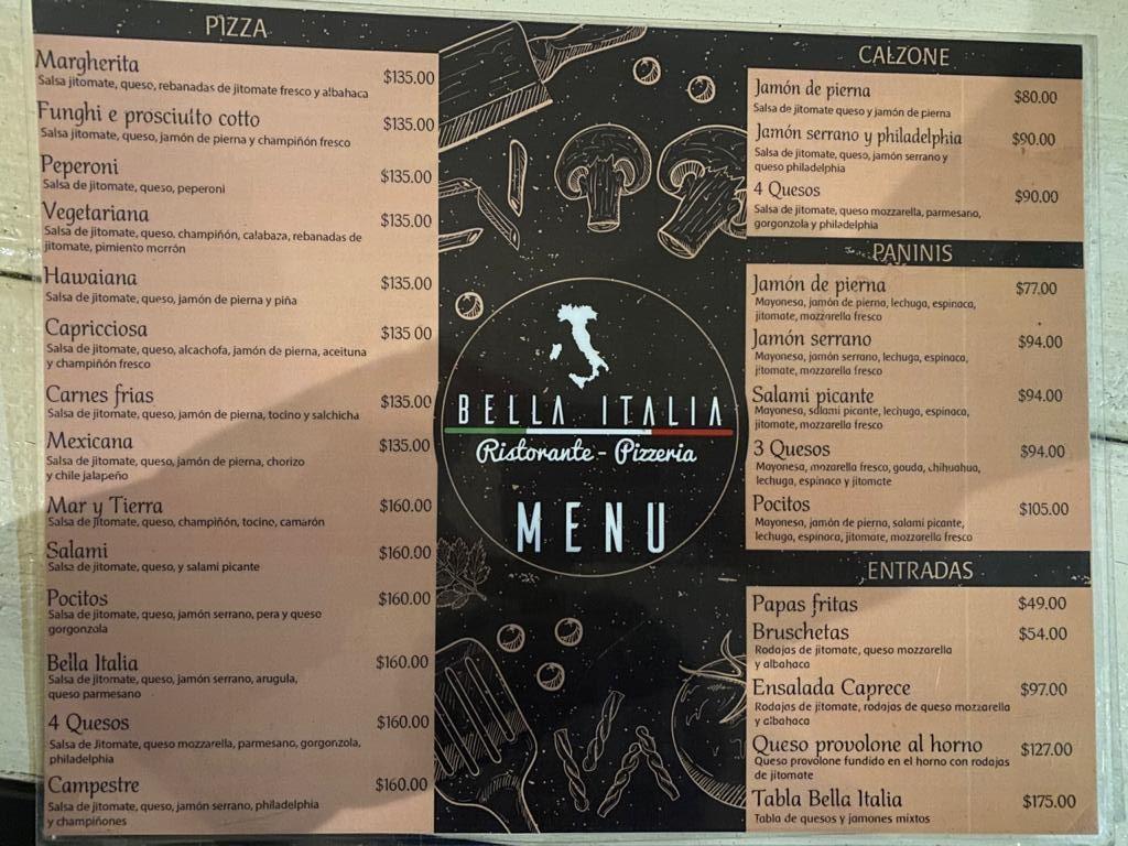Menu at Pizzería Bella Italia, Mexico