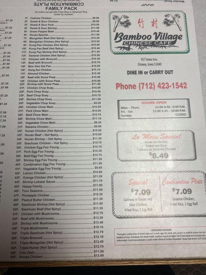 Menu at Bamboo Village Chinese Cafe, Onawa