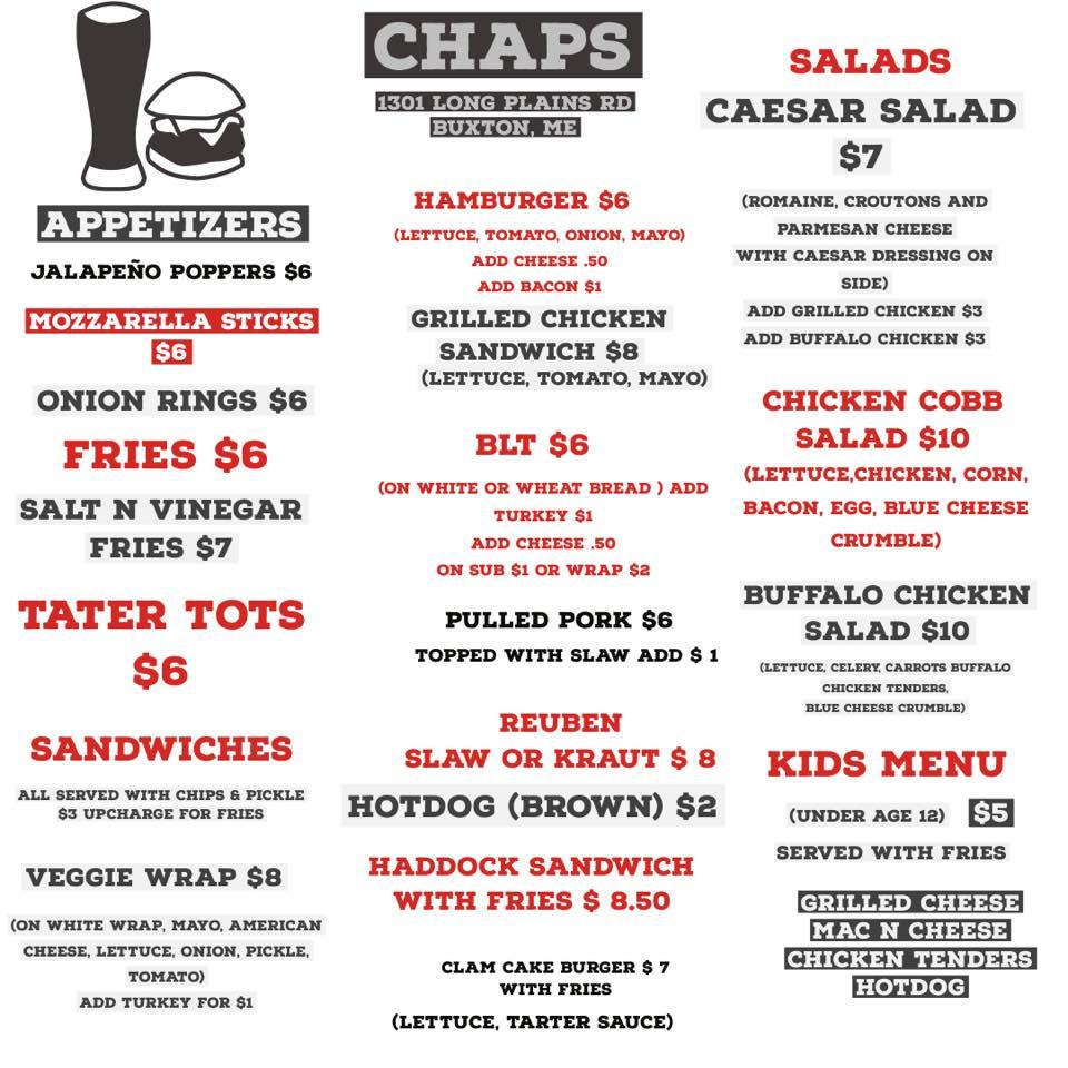 Menu at Chaps Saloon pub & bar, Buxton
