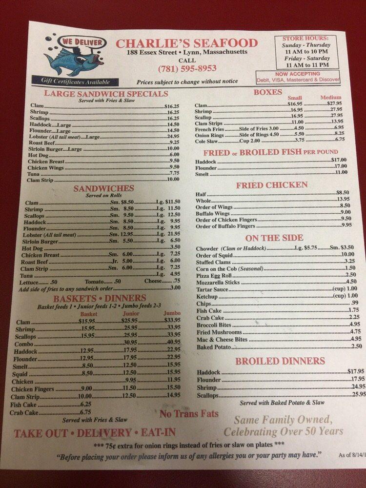 Menu at Charlie's restaurant, Lynn