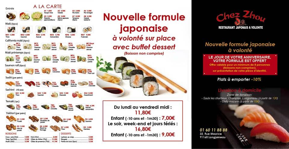 Menu au Chez Zhou restaurant, Longjumeau, 32 Rue Maurice