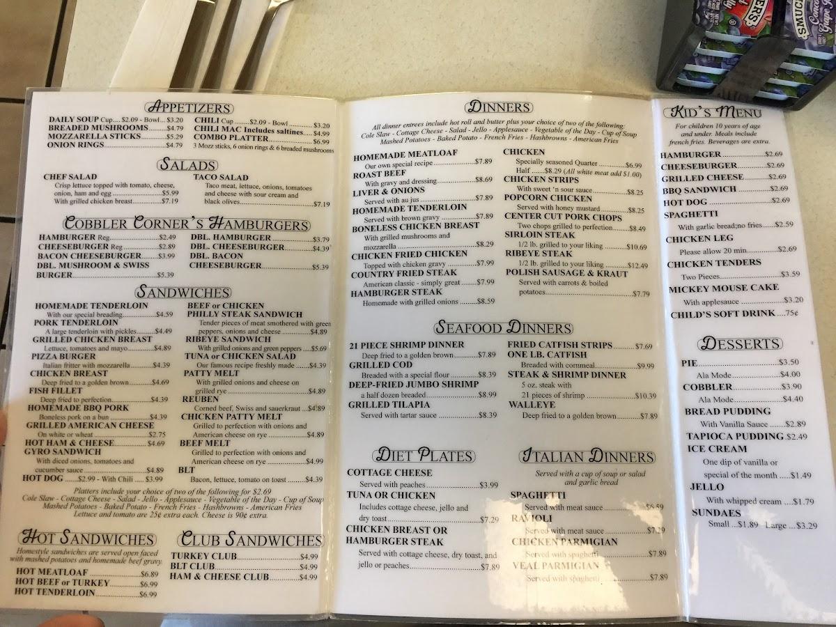 Menu at Cobbler Corner restaurant, Pekin