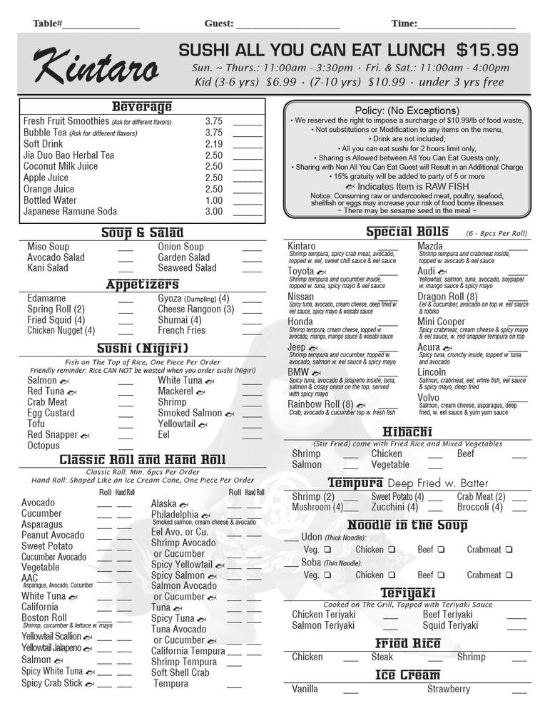 Carta del restaurante Kintaro Sushi Hibachi, Eastlake