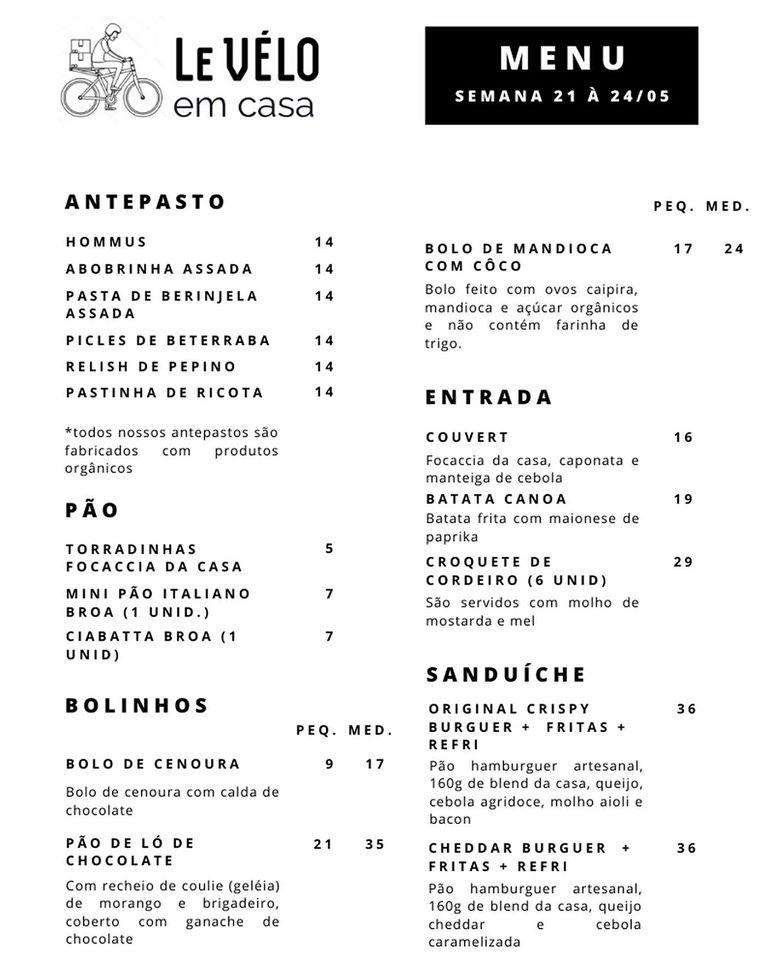 Menu at Le Vélo Montagne restaurant, Miguel Pereira, Av. Mal. Rondon