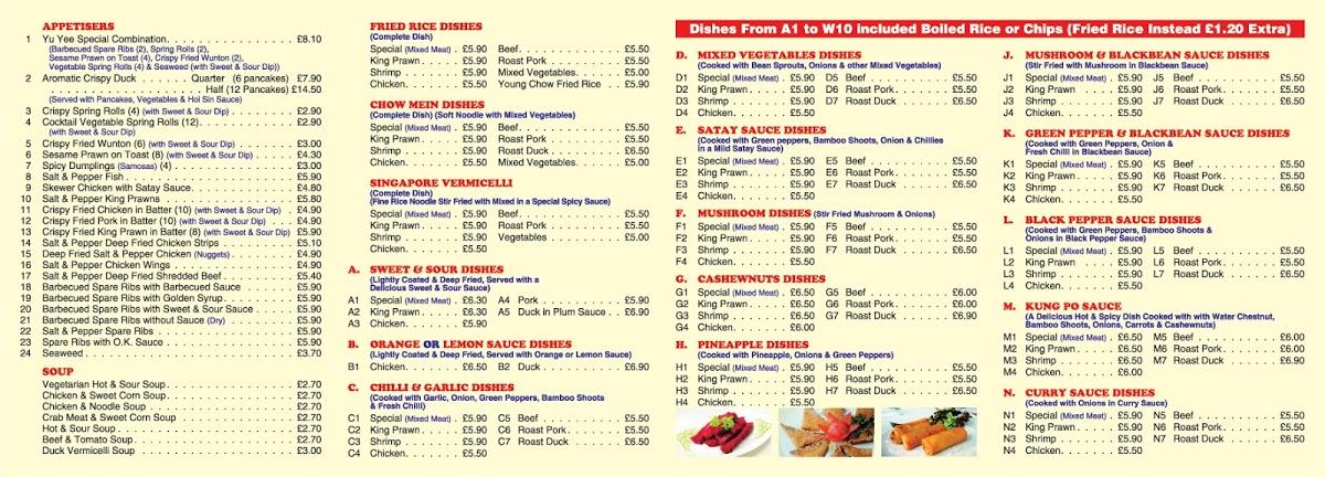 Menu at Yu Yee restaurant, Manchester