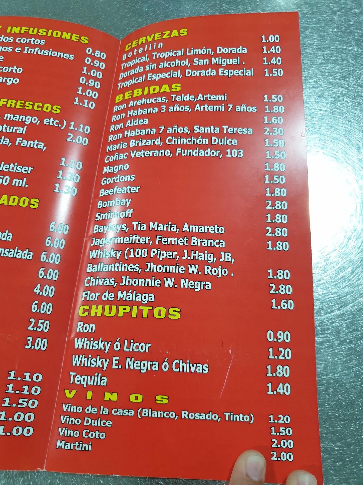 Menu at Bar Cafetería Carlos V, Carrizal