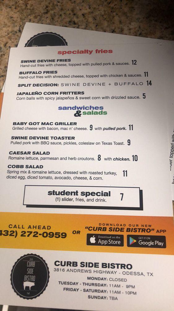 Menu at Curb Side Bistro restaurant, Odessa, Andrews Hwy