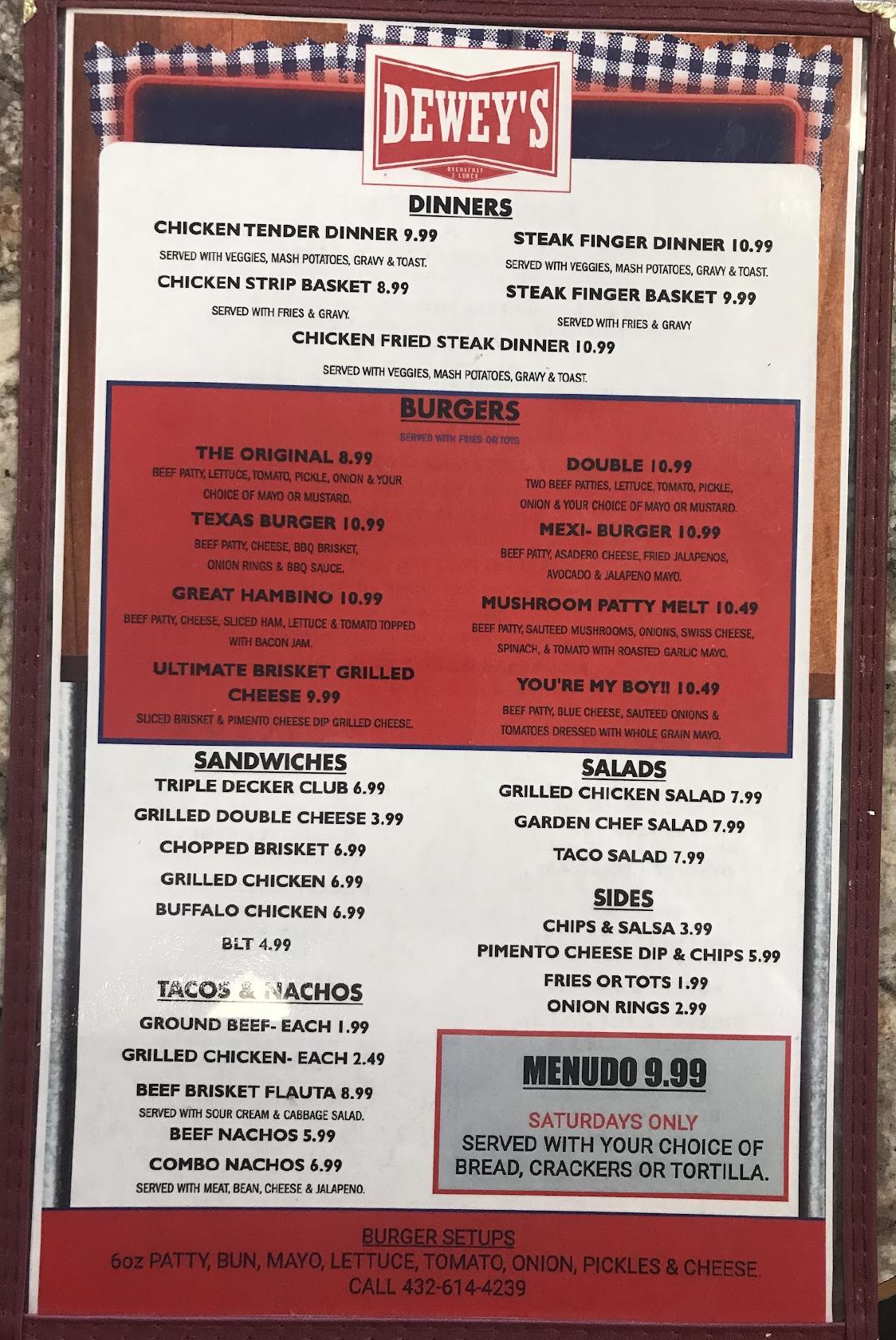 Menu at Dewey's Breakfast Shop restaurant, Odessa
