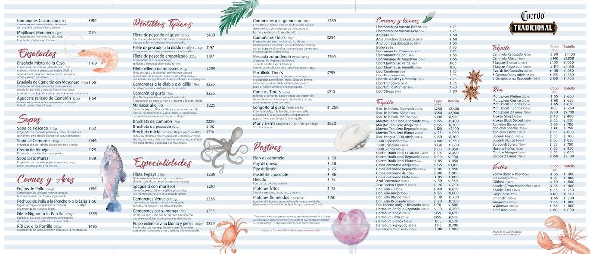 Menu at Mariscos Tino's Pitillal restaurant, Puerto Vallarta, Avenida 333