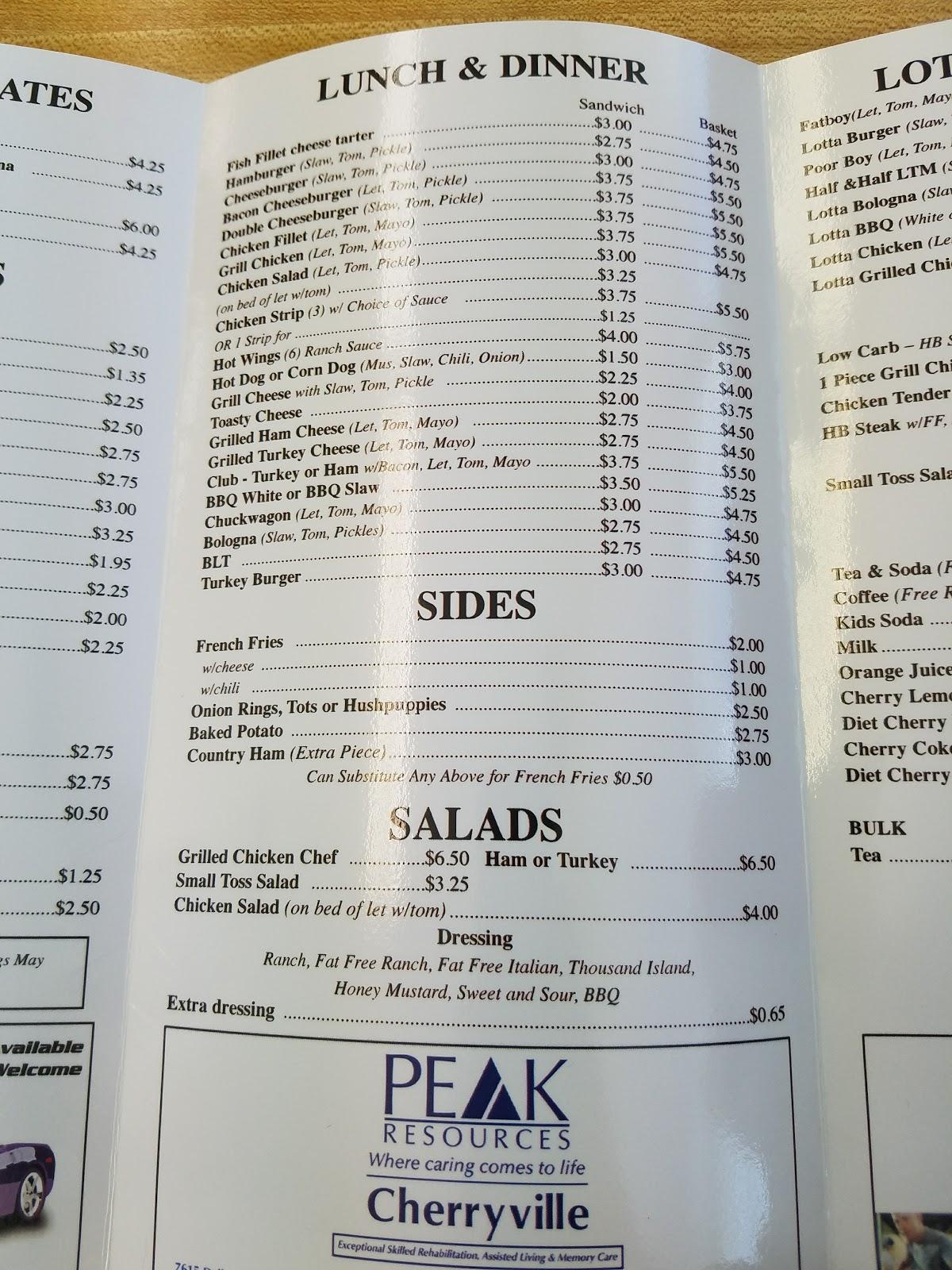 Menu at Pat's Drive In restaurant, Cherryville