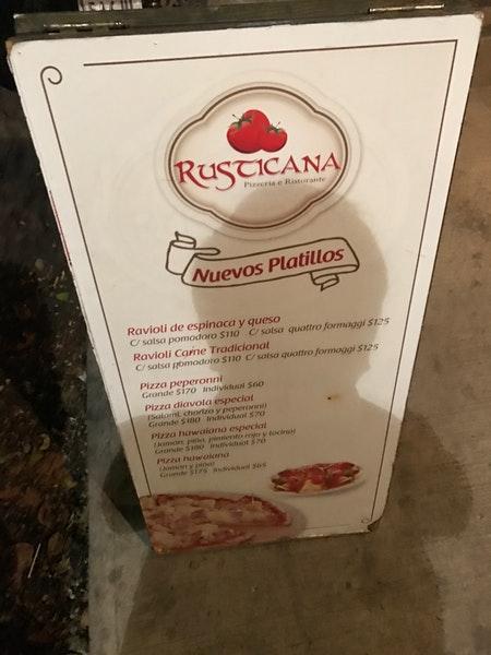 Carta de pizzería Pizza Rusticana, Ciudad de México