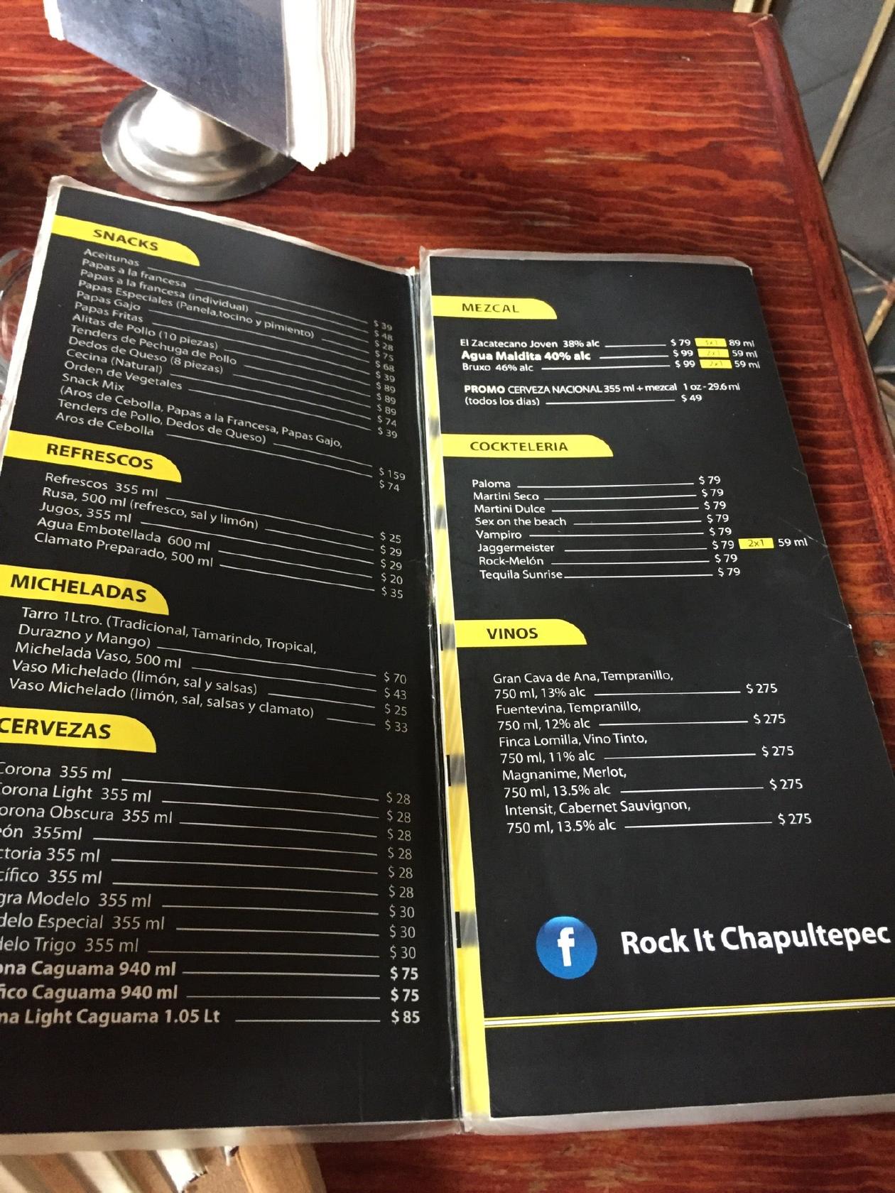 Menu at RockIt pub & bar, Guadalajara