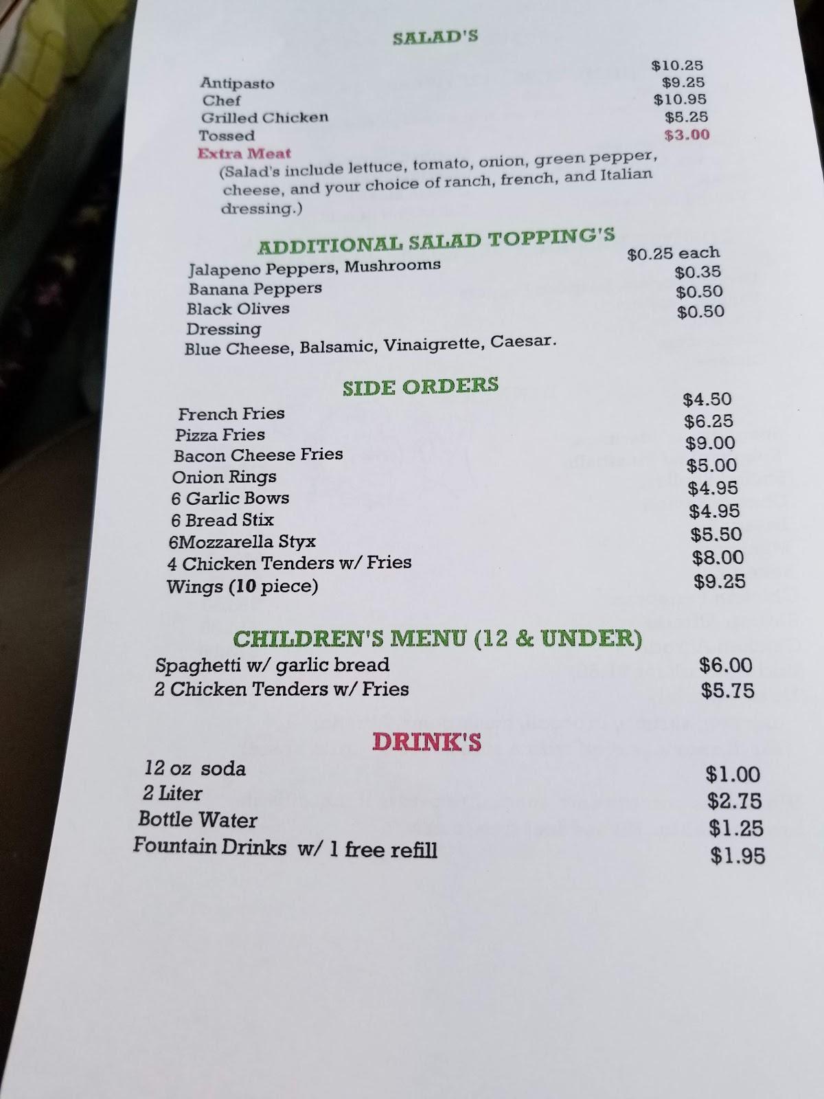 Menu at Rocky's Pizza pizzeria, Falling Waters