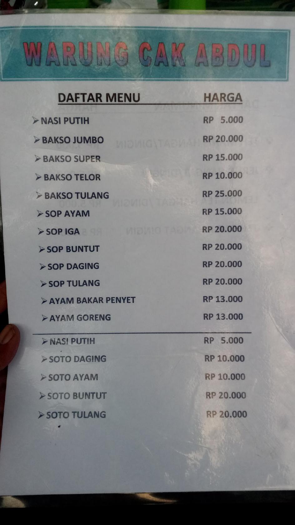 Menu at Warung Cak Abdul restaurant, Sungai Liat