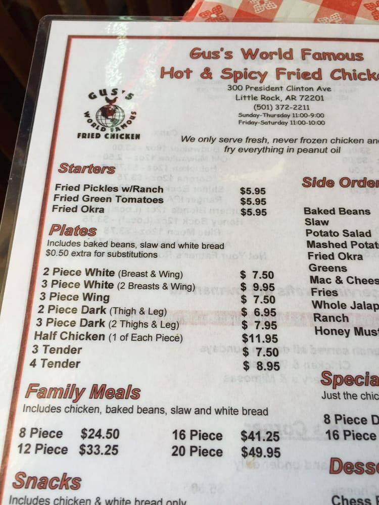 Menu at Gus's World Famous Fried Chicken restaurant, Little Rock, 300 ...