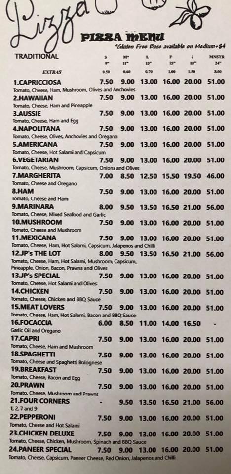 Menu at JP's Pizzeria, Delahey