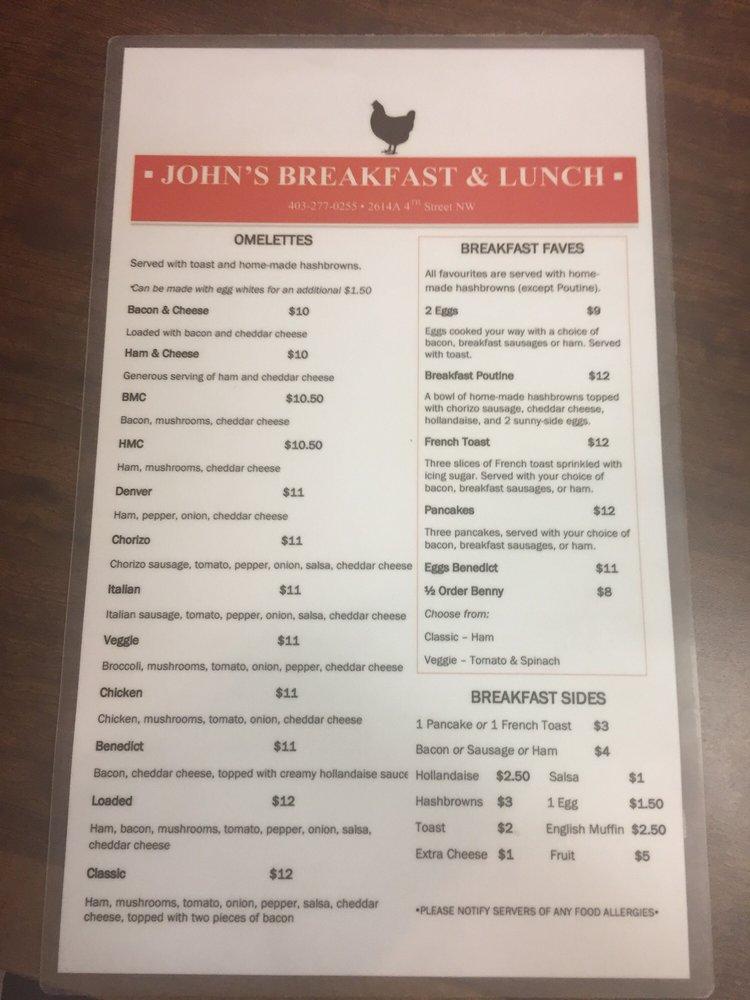 Menu at John's Breakfast & Lunch restaurant, Calgary
