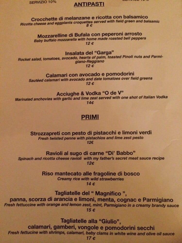 Menu at Trattoria San Zanobi restaurant, Florence, Via S. Zanobi