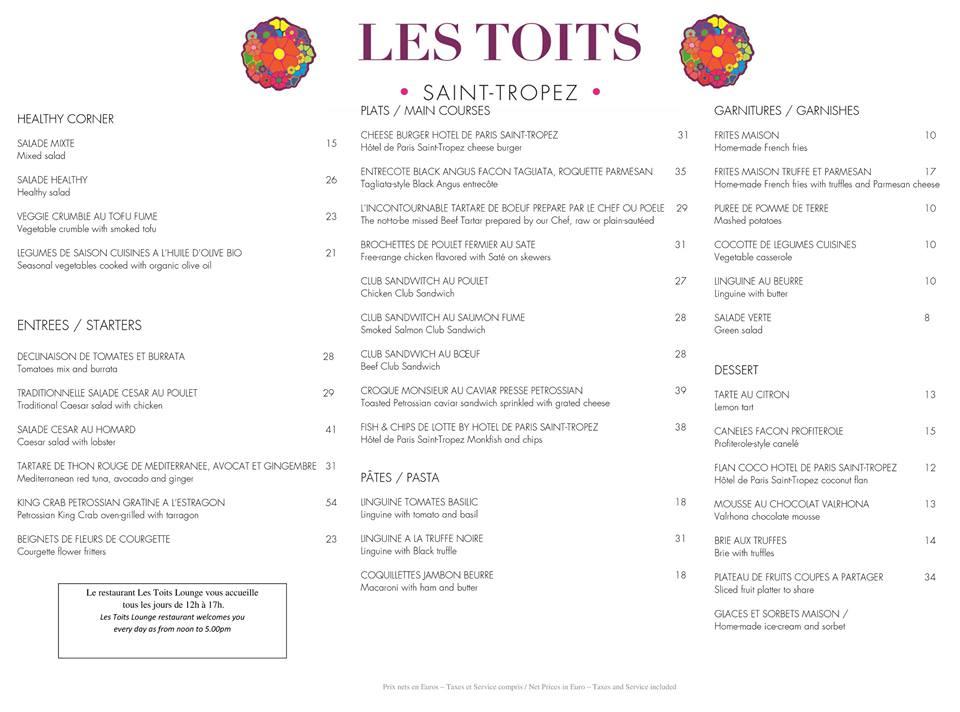 Menu at Rooftop Bar Les Toits lounge - Hôtel De Paris Saint-Tropez ...