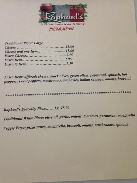 Menu at Raphael's pizzeria, Hamburg, Clark St