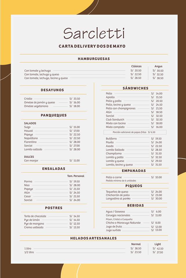 Carta del restaurante Sarcletti Dos del Mayo, San Isidro, San Isidro