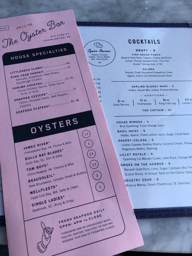 Menu at The Darling Oyster Bar, Charleston