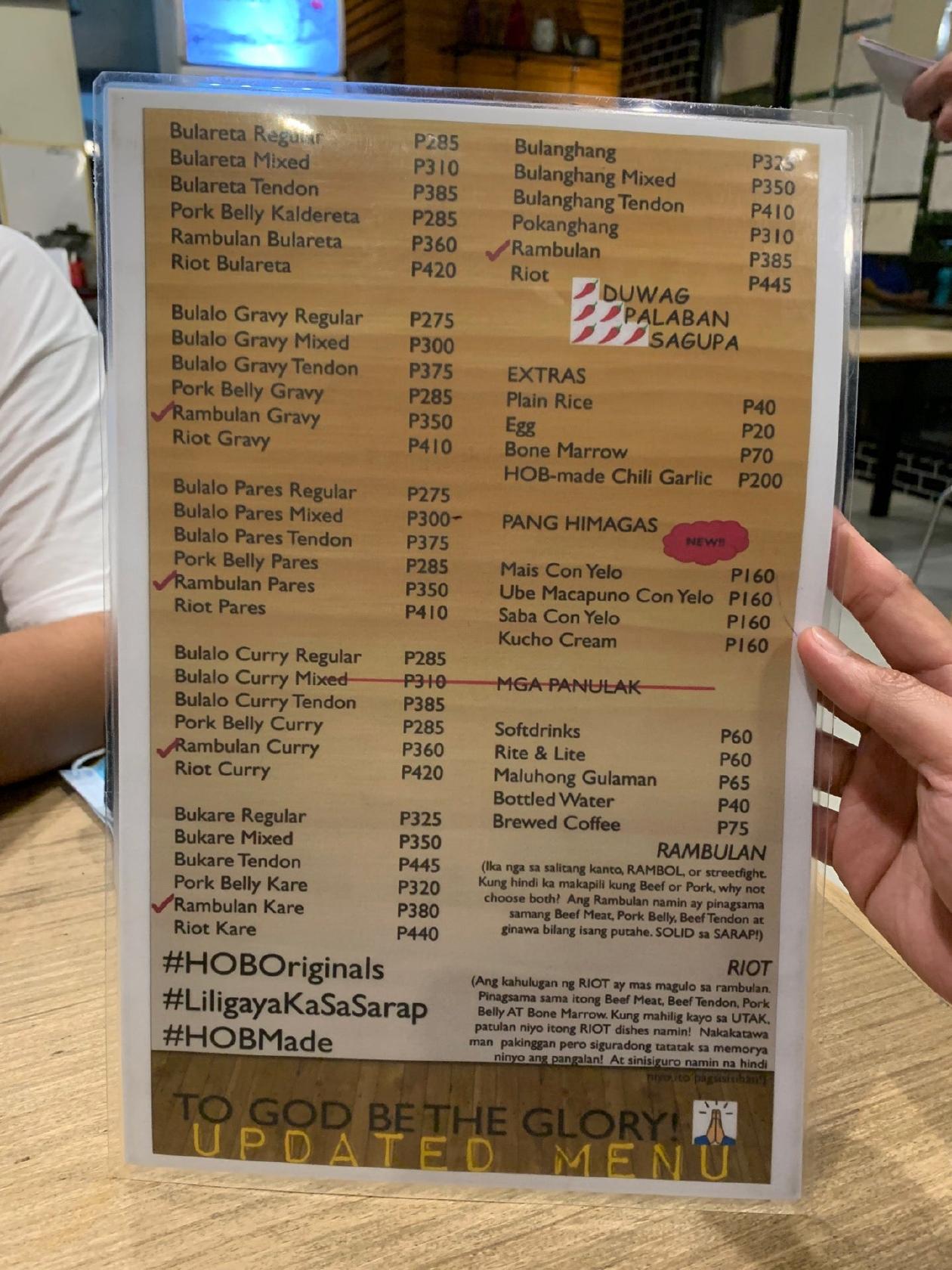 Menu at The House of Bulalugaw (H.O.B.) restaurant, Quezon City, J39C+6HX