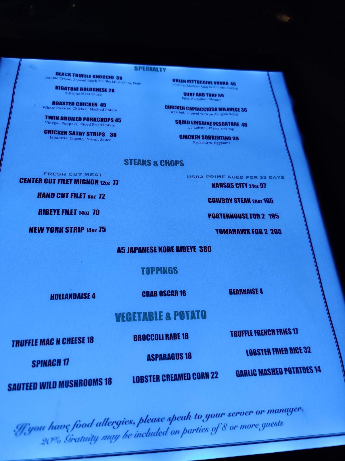 Menu at Z Prime Italian Steakhouse, White Plains