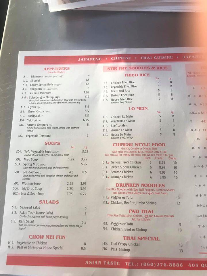 Menu at Asian Taste restaurant, Southington, 405 Queen St