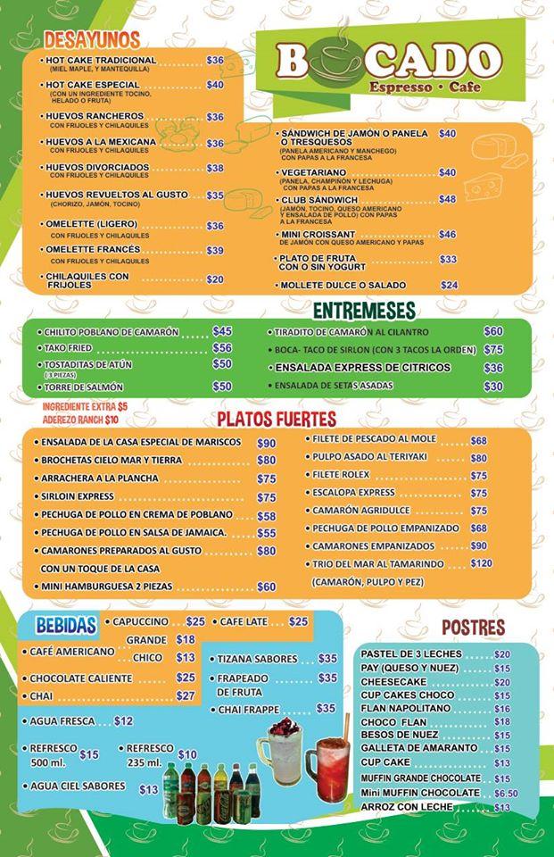 Menu at Bocado Espresso Cafe, Guadalajara