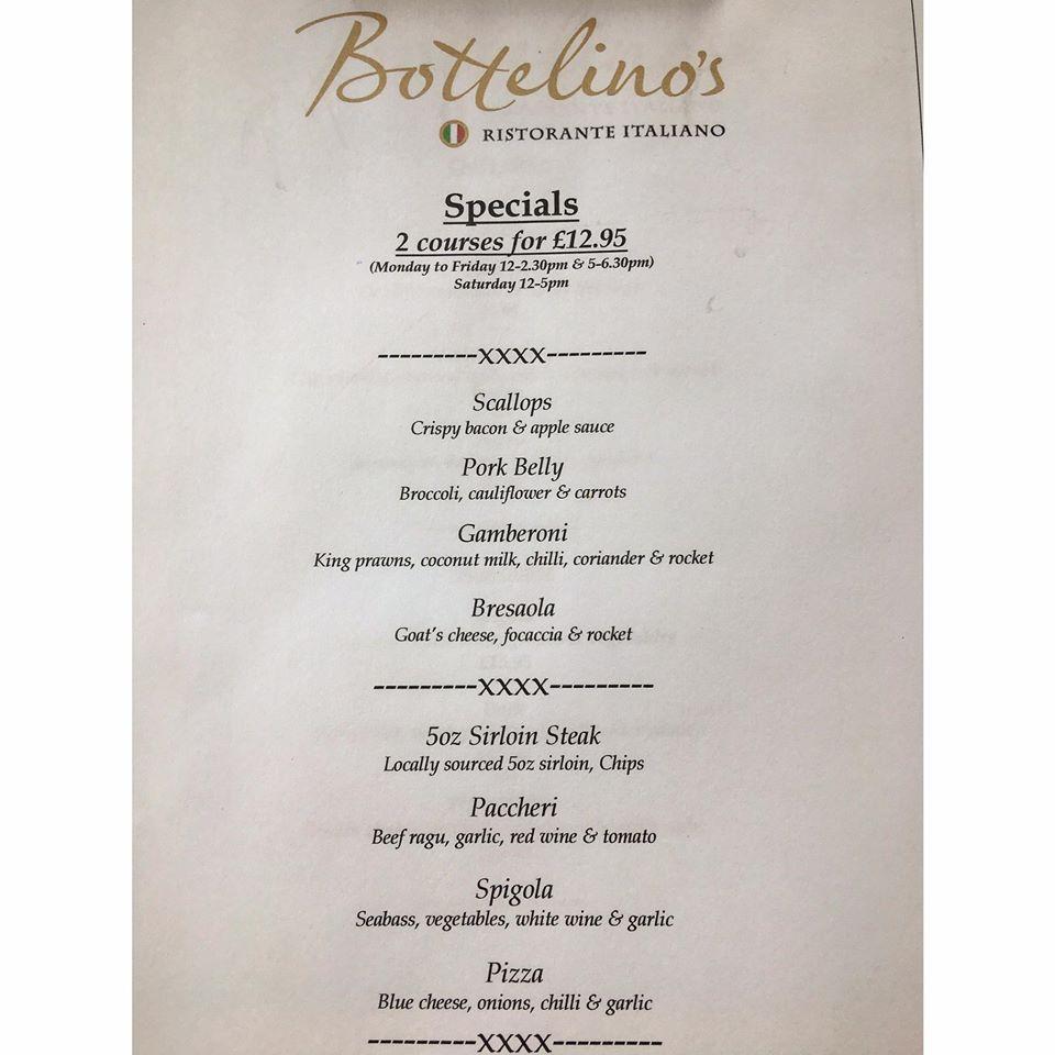 Menu at Bottelino's restaurant, Portishead, Harbour Rd