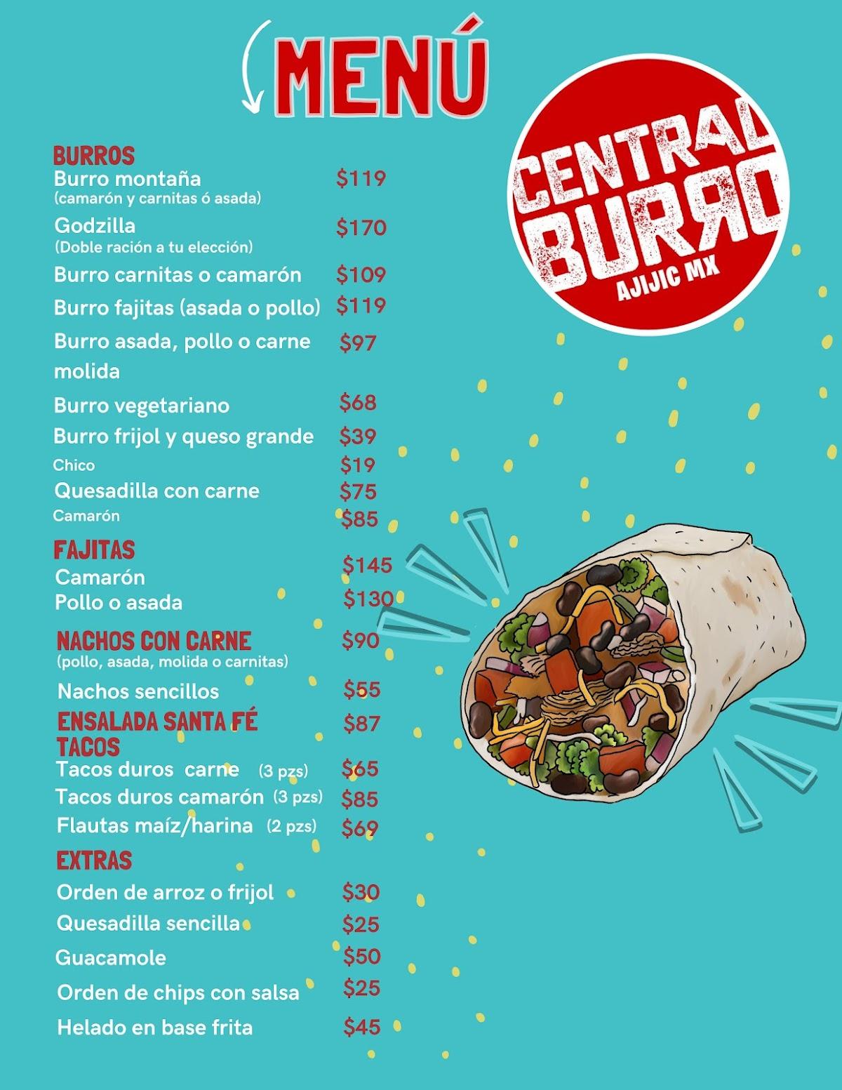 Menu at Central Burro restaurant, Ajijic