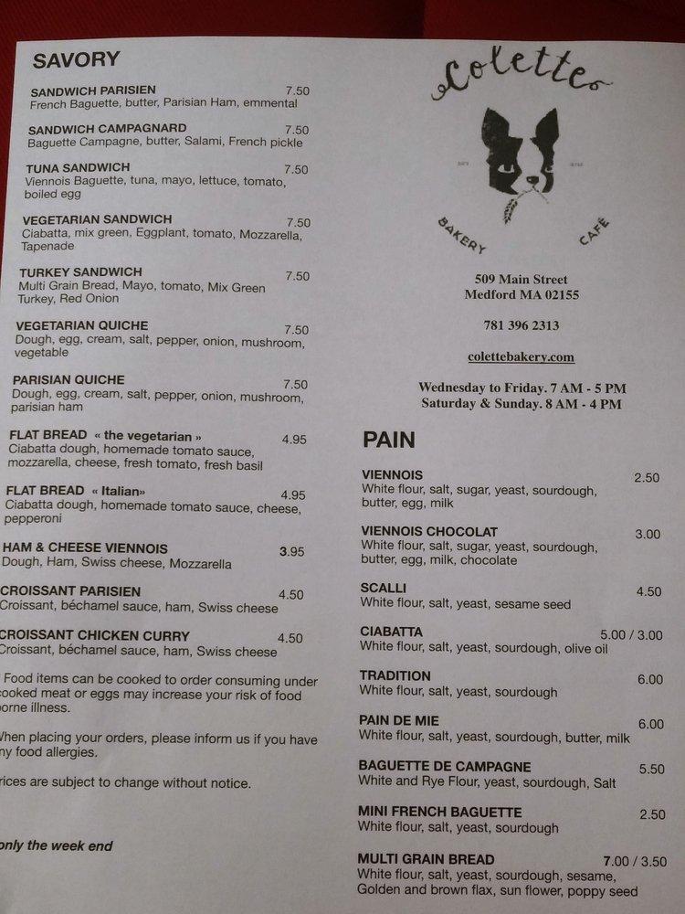 Menu at Colette Bakery, Medford