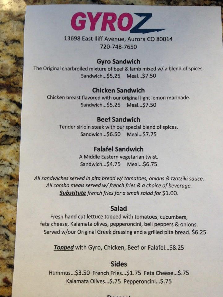 Menu at Gyroz fast food, Aurora, E Iliff Ave