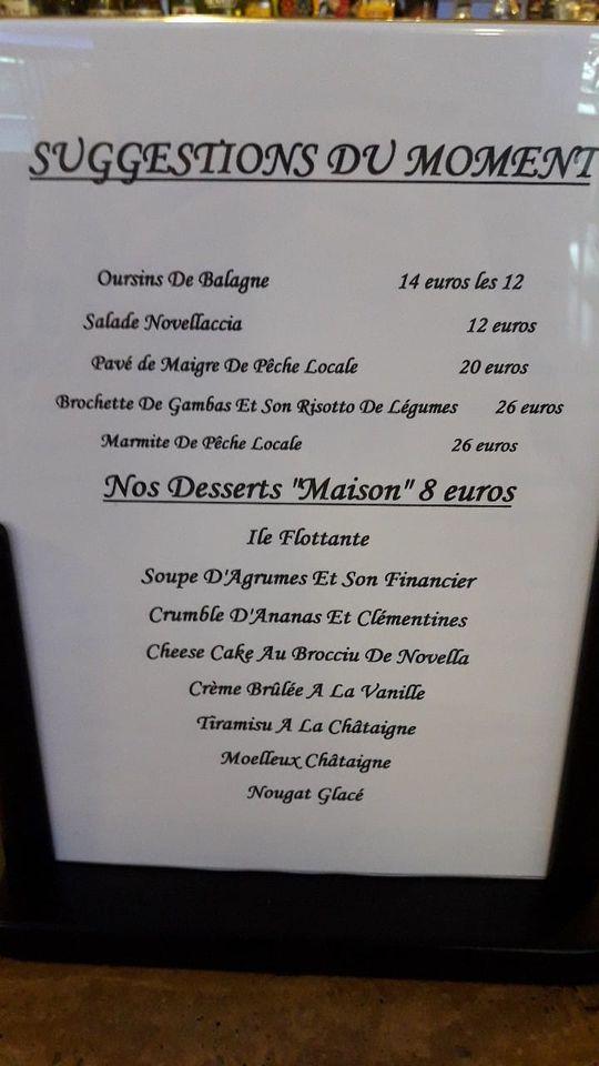 Menu at L'Abri des Flots restaurant, L'Île-Rousse