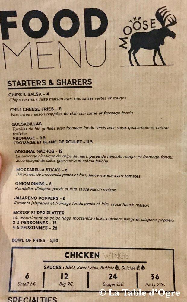 Menu at The Moose restaurant, Paris