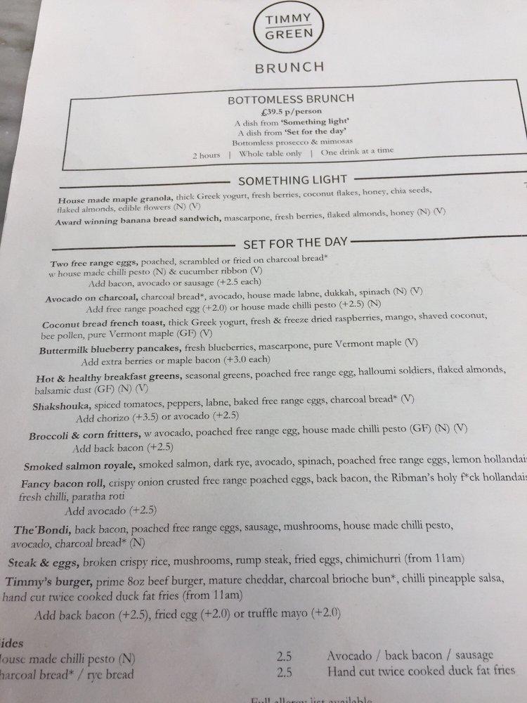Menu at Timmy Green pub & bar, London