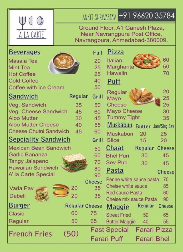 Menu at A'La Carte Cafe, Ahmedabad