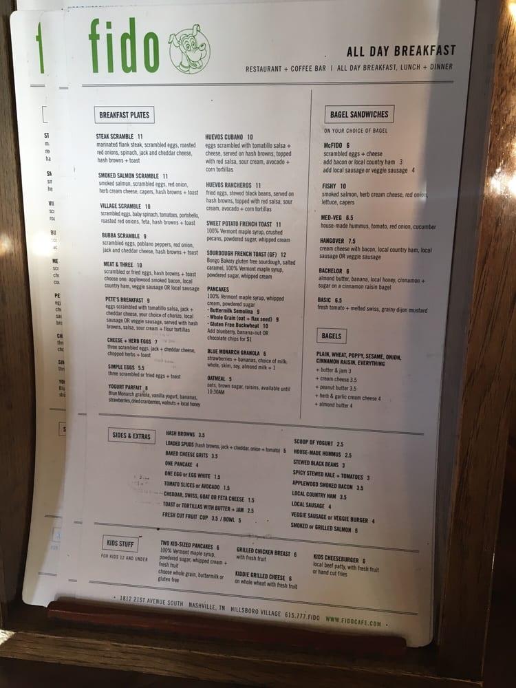 Menu at Fido cafe, Nashville
