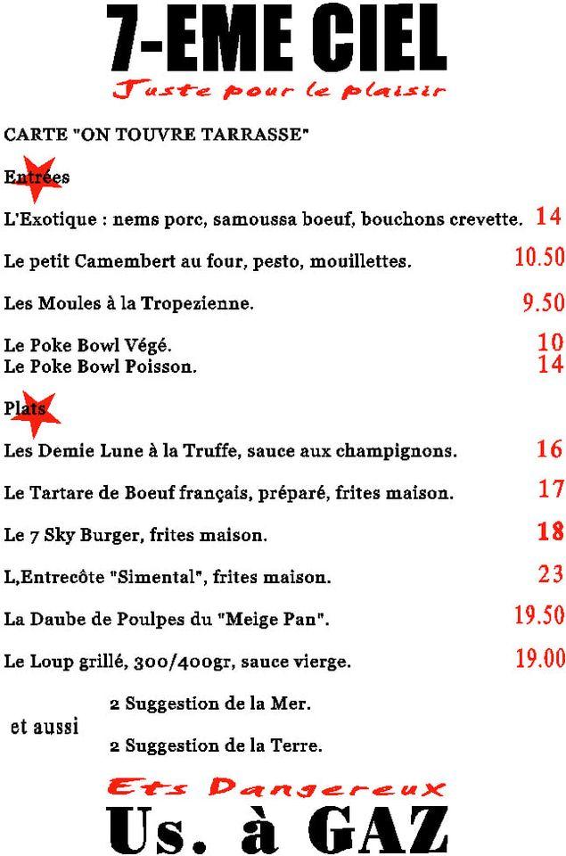 Menu at Le 7ème Ciel pub & bar, Cuers