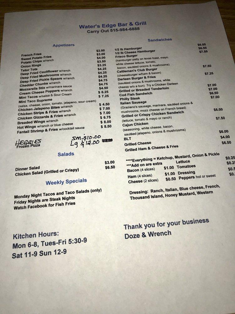 Menu at Waters Edge Bar & Grill, Polk City
