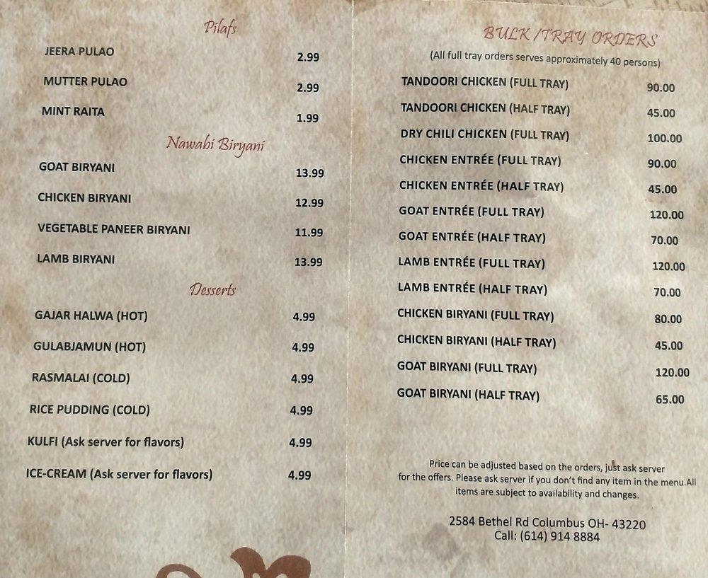 Menu at Awadh India Restaurant, Columbus