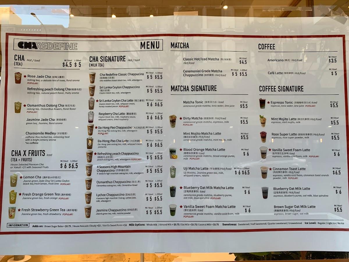 Menu at Cha Redefine, Los Angeles