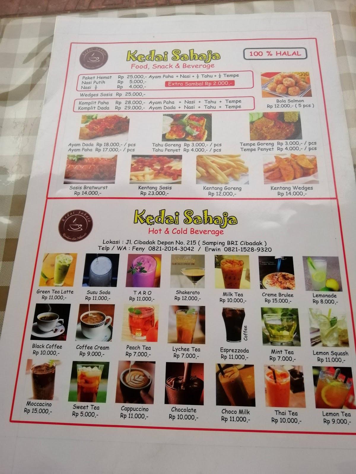 Menu at Kedai Sahaja restaurant, Bandung