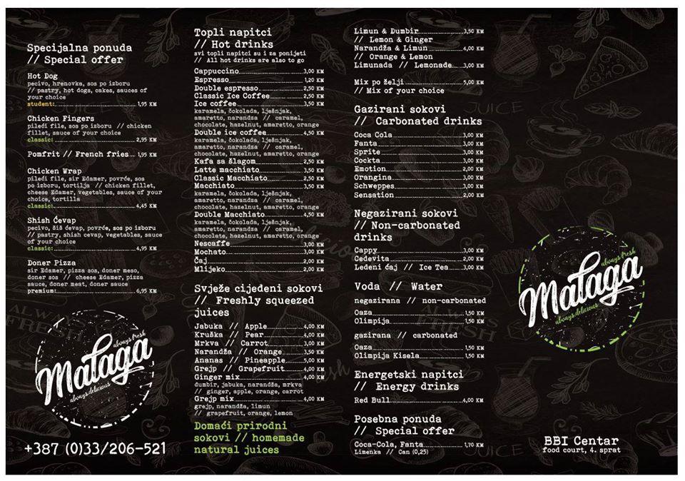 Menu at Malaga caffe bar i restoran, Sarajevo