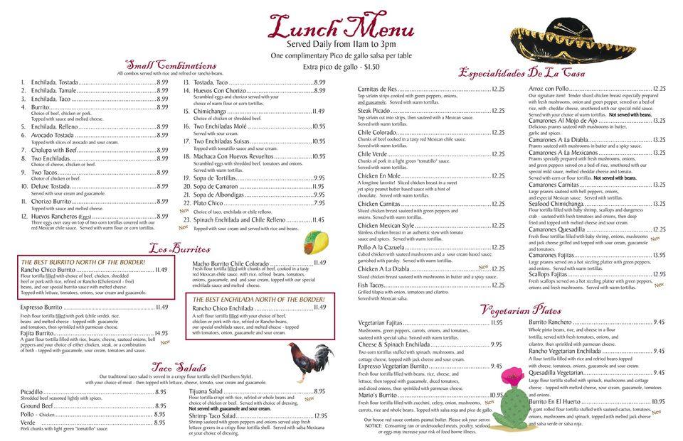 Menu at Rancho Chico restaurant, Colville
